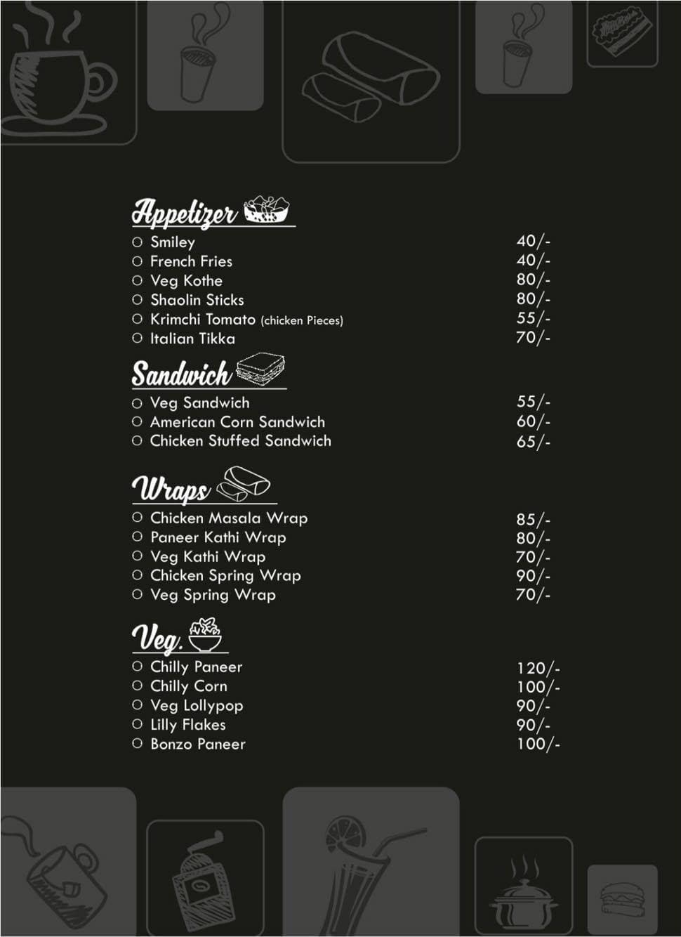 Menu at Black And White Cafe, Bhopal, 6C69+HQ3