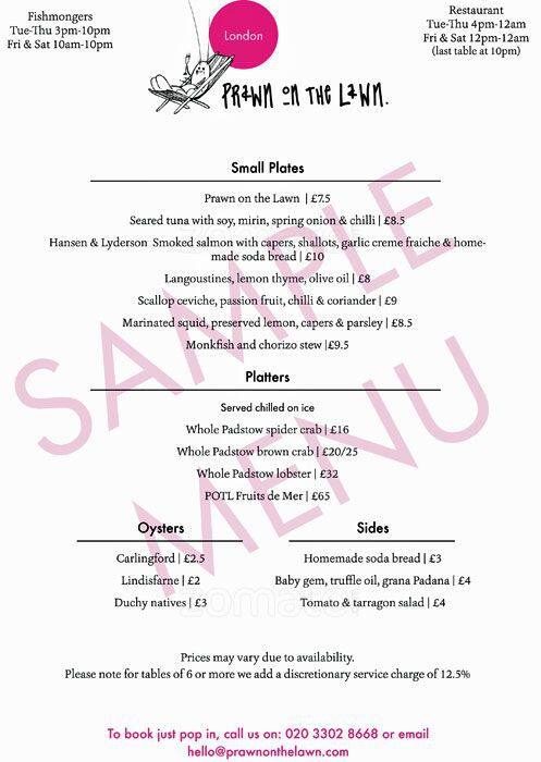Menu at Prawn on the Lawn restaurant, London
