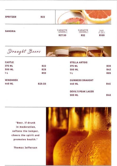 Menu at The Porterhouse restaurant, Roodepoort, Ontdekkers Road