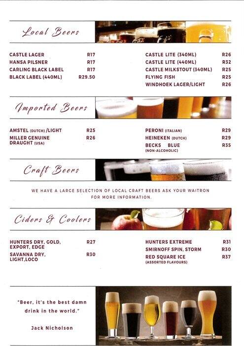 Menu at The Porterhouse restaurant, Roodepoort, Ontdekkers Road