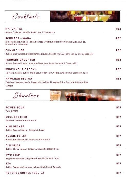 Menu at The Porterhouse restaurant, Roodepoort, Ontdekkers Road
