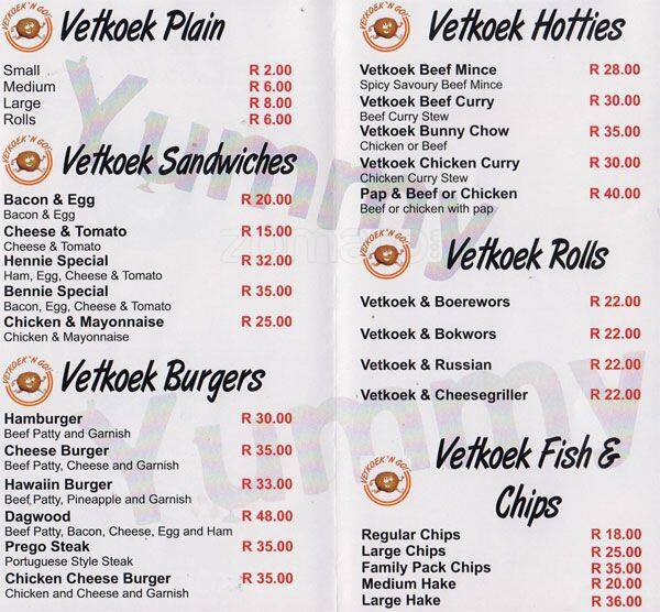 Speisekarte von Vetkoek 'n Go, Johannesburg South
