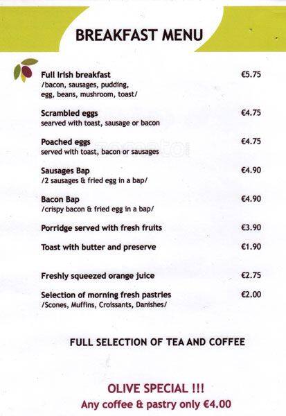 Menu at Olive Cafe, Dublin, Fumbally Square