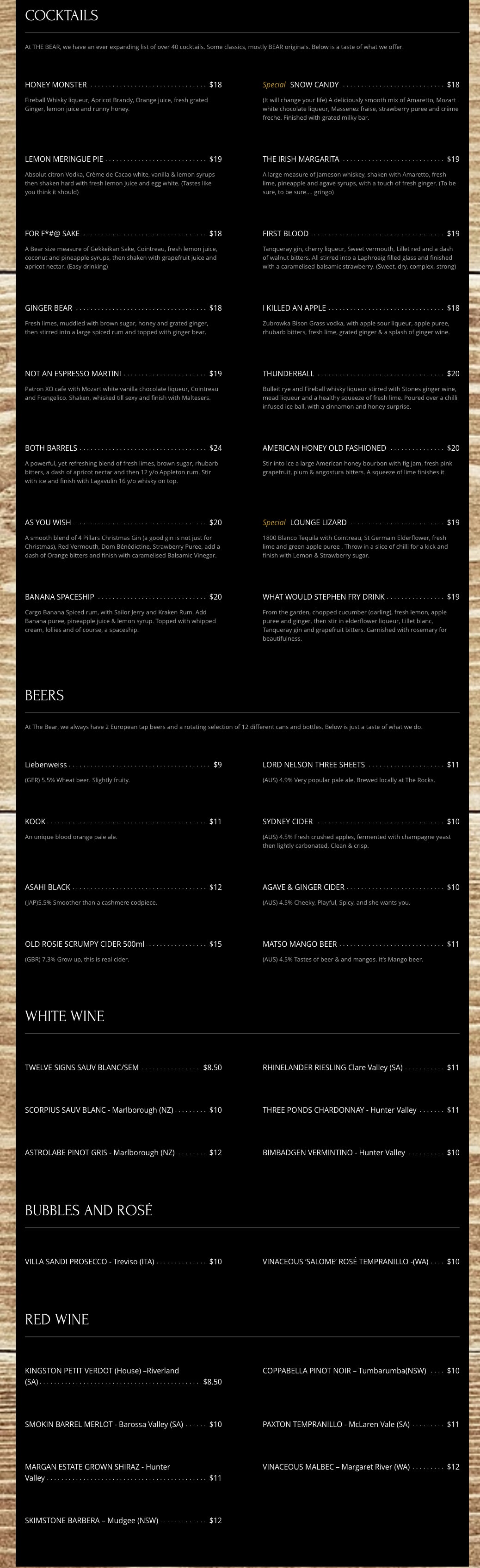 Menu at The Bear Bar, Haymarket