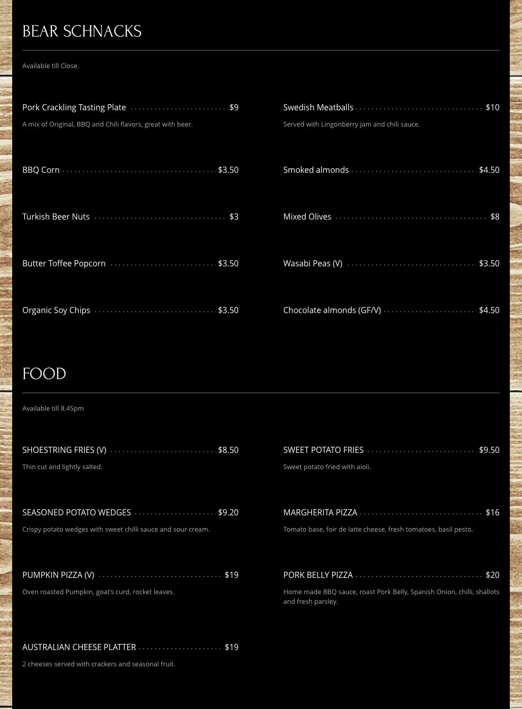 Menu at The Bear Bar, Haymarket