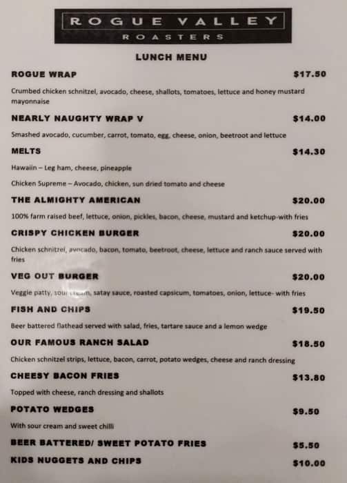 Menu at Rogue Valley Roasters cafe, Penrith, 585 High St