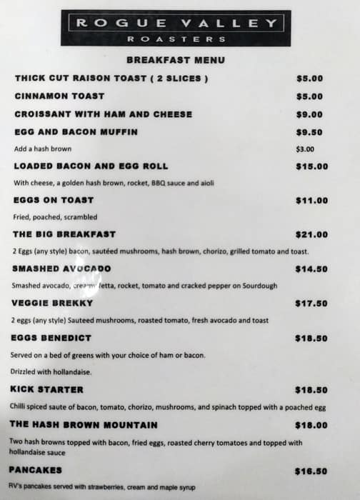 Menu at Rogue Valley Roasters cafe, Penrith, 585 High St