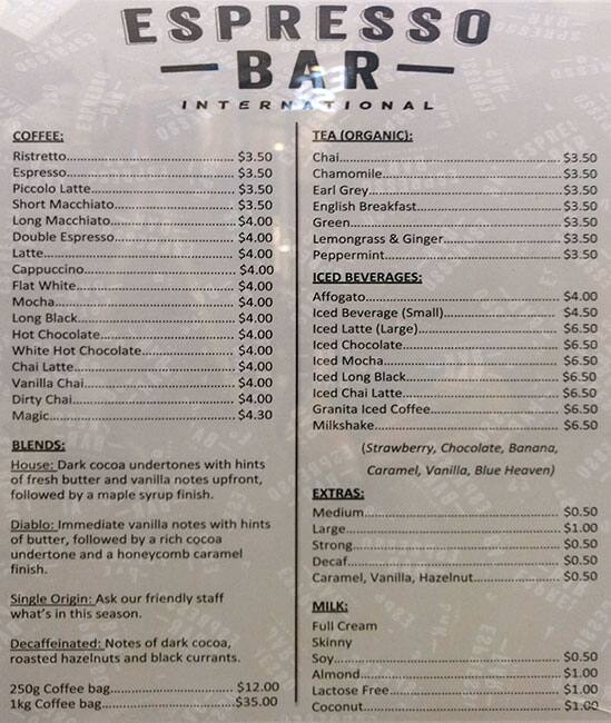 Menu at Espresso Bar International Knox, Wantirna South