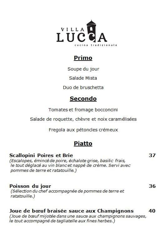 Menu at Villa Lucca pizzeria, Bois-des-Filion
