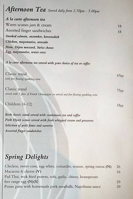 Menu at Park Hyatt Melbourne cafe, Melbourne