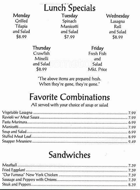 Menu at Auntie Pasto's restaurant, Bellaire, Bellaire Blvd