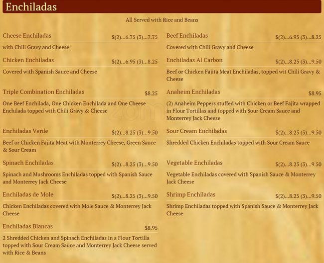 Menu at Las Cascadas restaurant, Spring