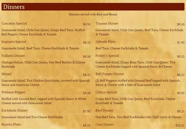 Menu at Las Cascadas restaurant, Spring