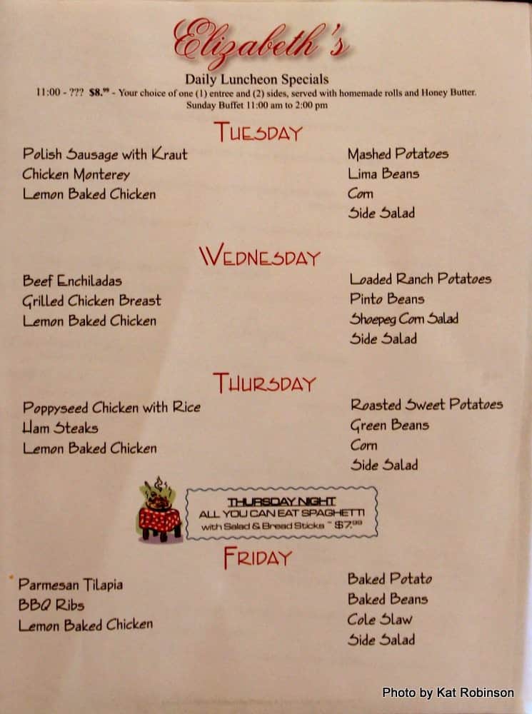 Menu at Elizabeth's Restaurant & Catering, Batesville