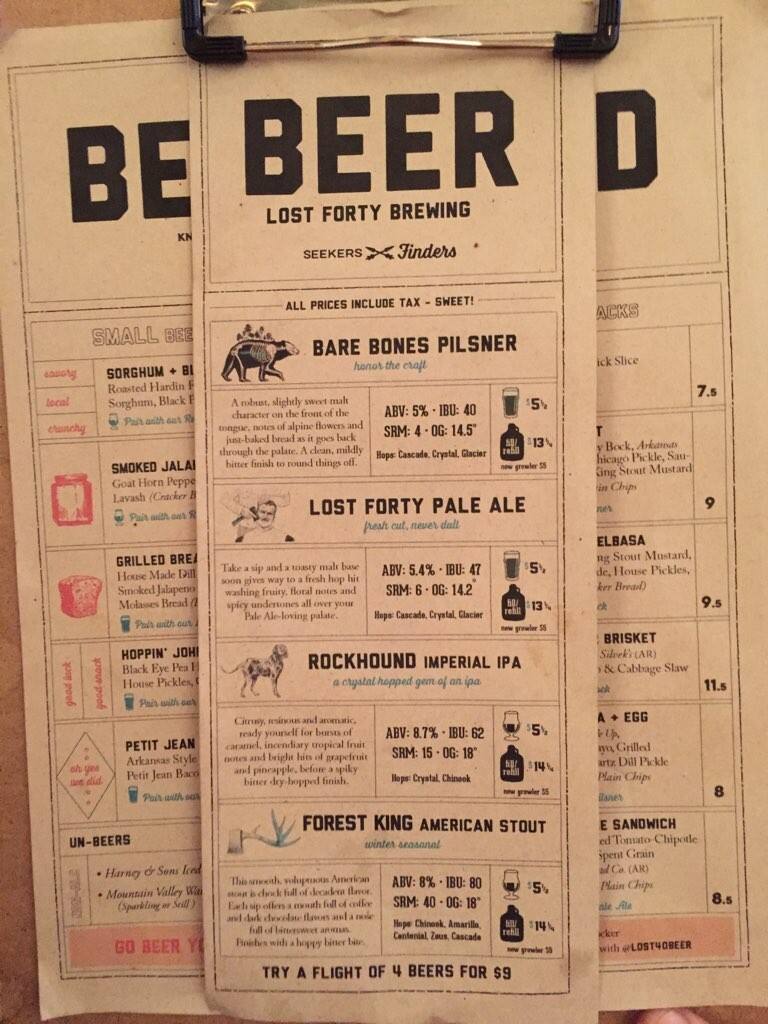 Menu at Lost Forty Brewing pub & bar, Little Rock