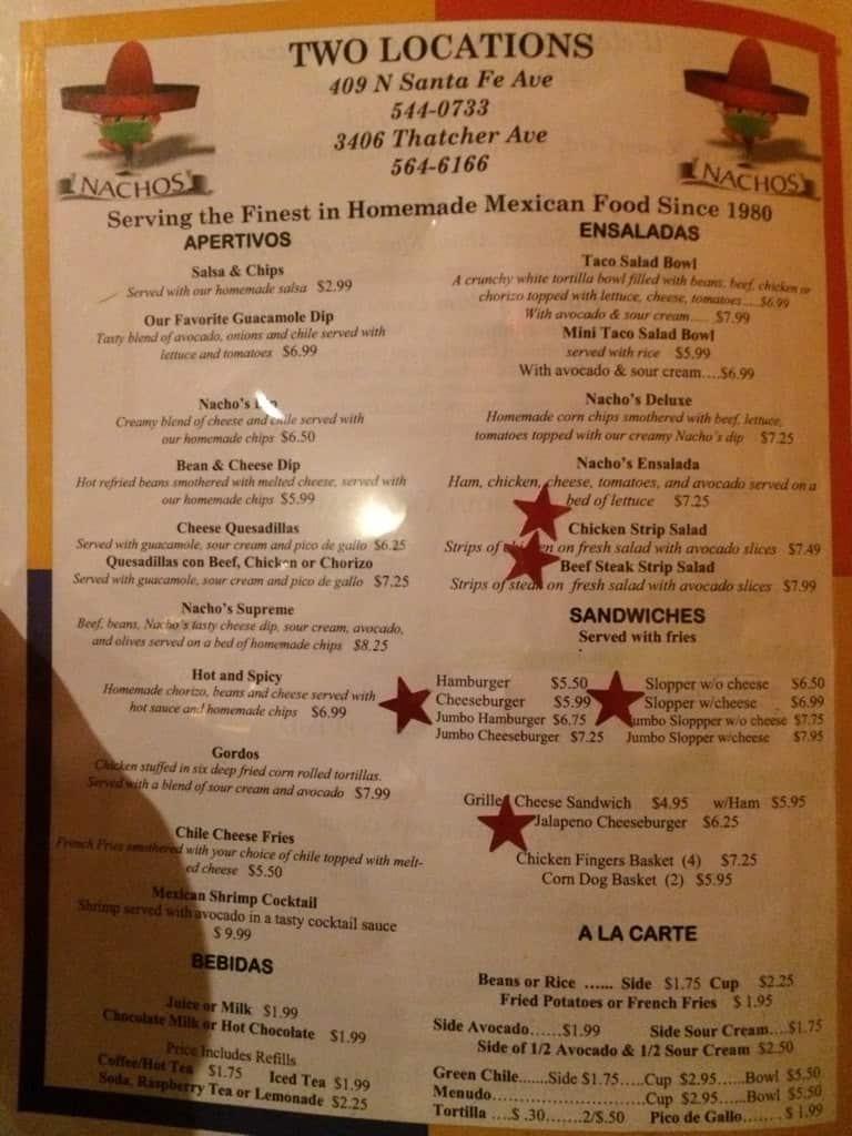 Menu at Nacho's Restaurant, Pueblo