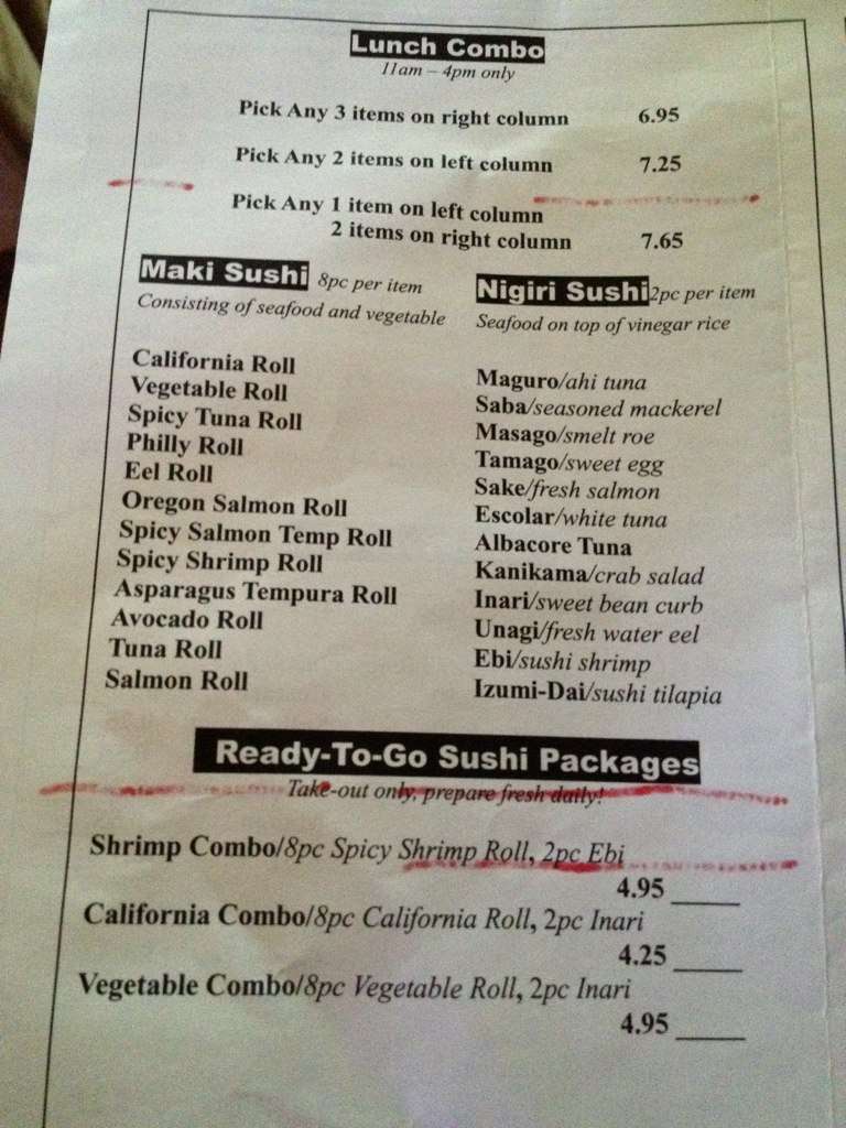 Menu at The Original Momiji Sushi Restaurant, Salem