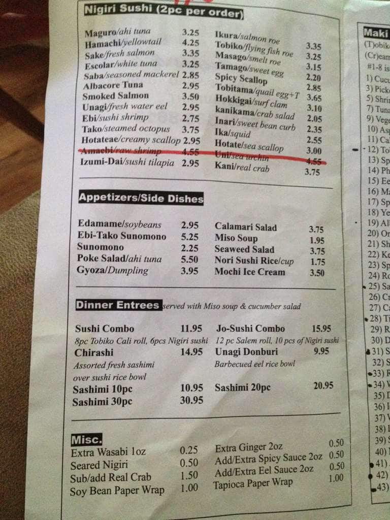 Menu at The Original Momiji Sushi Restaurant, Salem