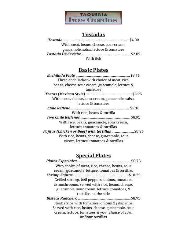 Menu at Taqueria Los Gordos restaurant, Aptos