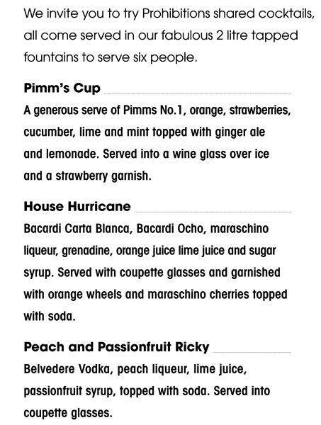Menu at Prohibition pub & bar, Fortitude Valley