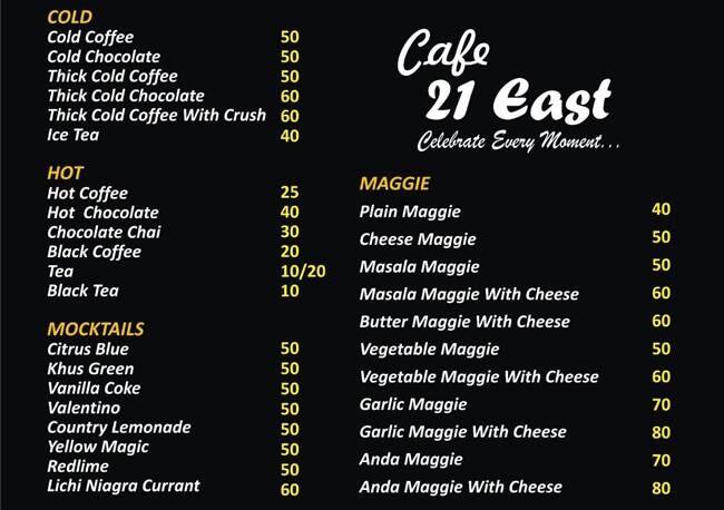 Menu of Cafe 21 East, Sinhgad Road, Pune