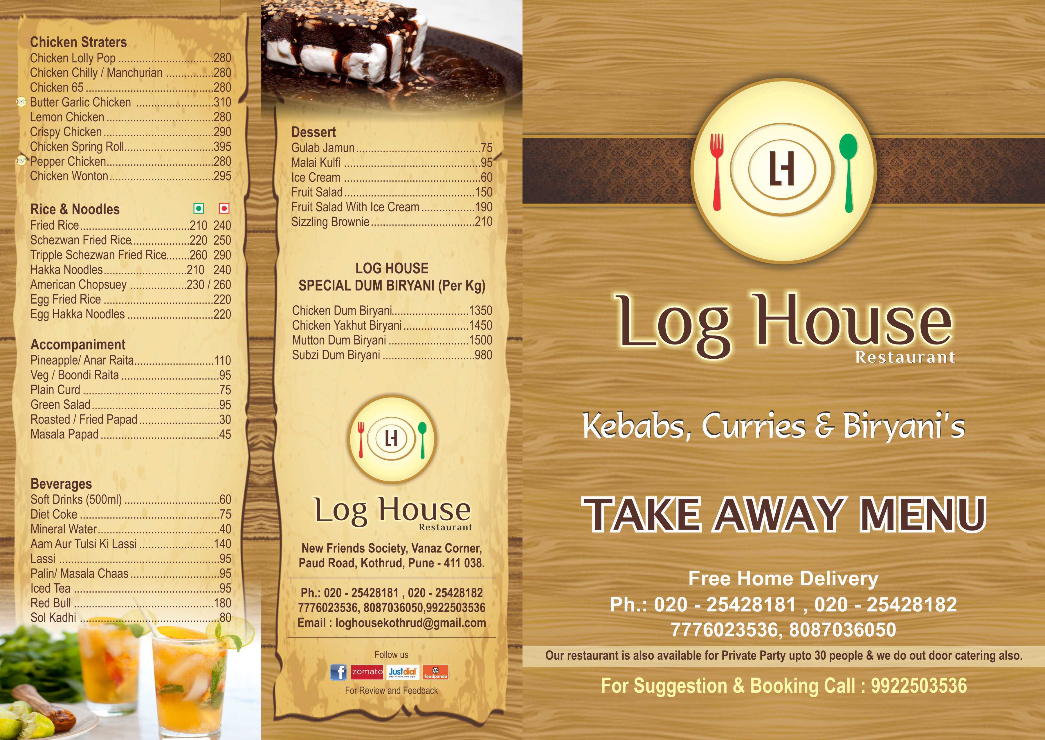 Menu of Log House, Kothrud, Pune