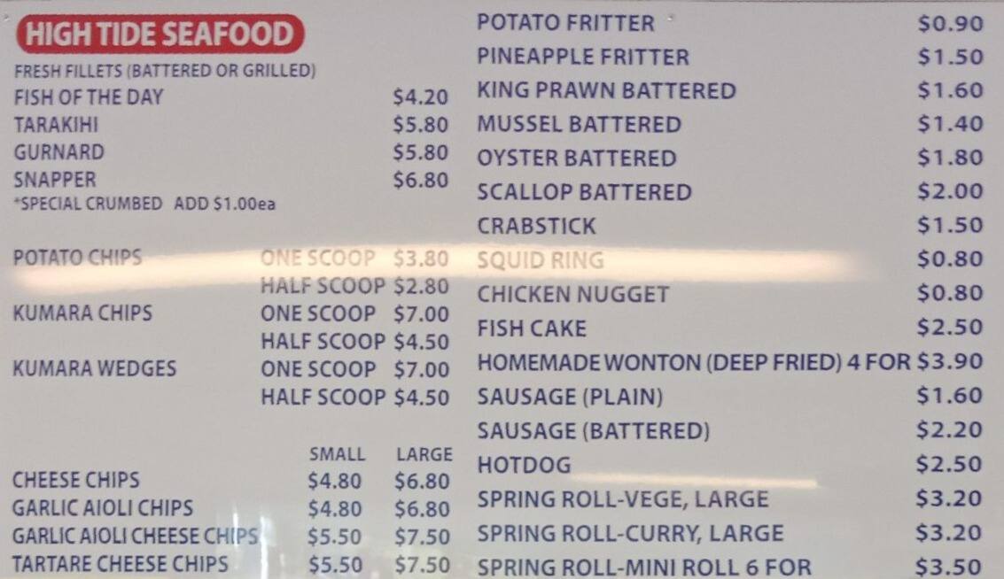 Menu at High Tide Seafood fast food, Auckland