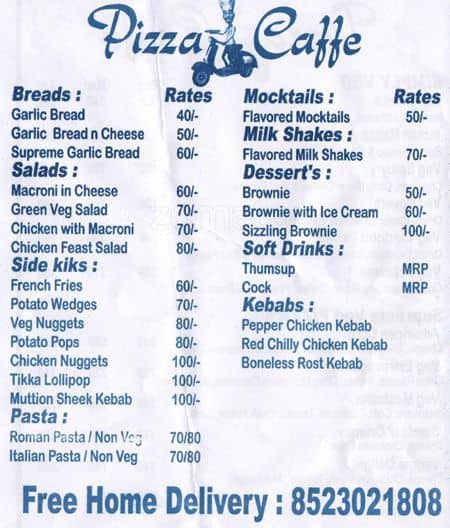 Menu at Pizza Cafe, Hyderabad, Old MIG Plot 2353