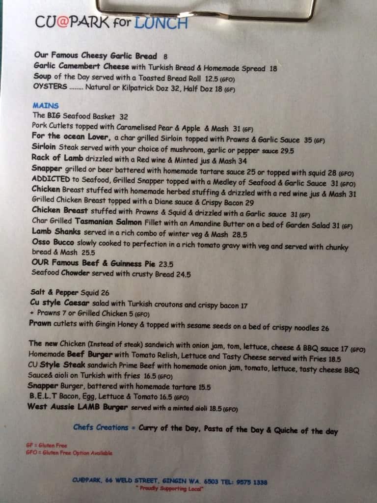 Menu at CU@Park Cafe, Gingin