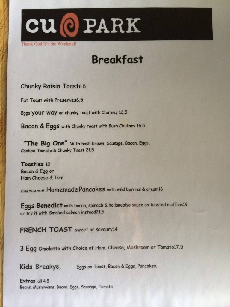 Menu at CU@Park Cafe, Gingin