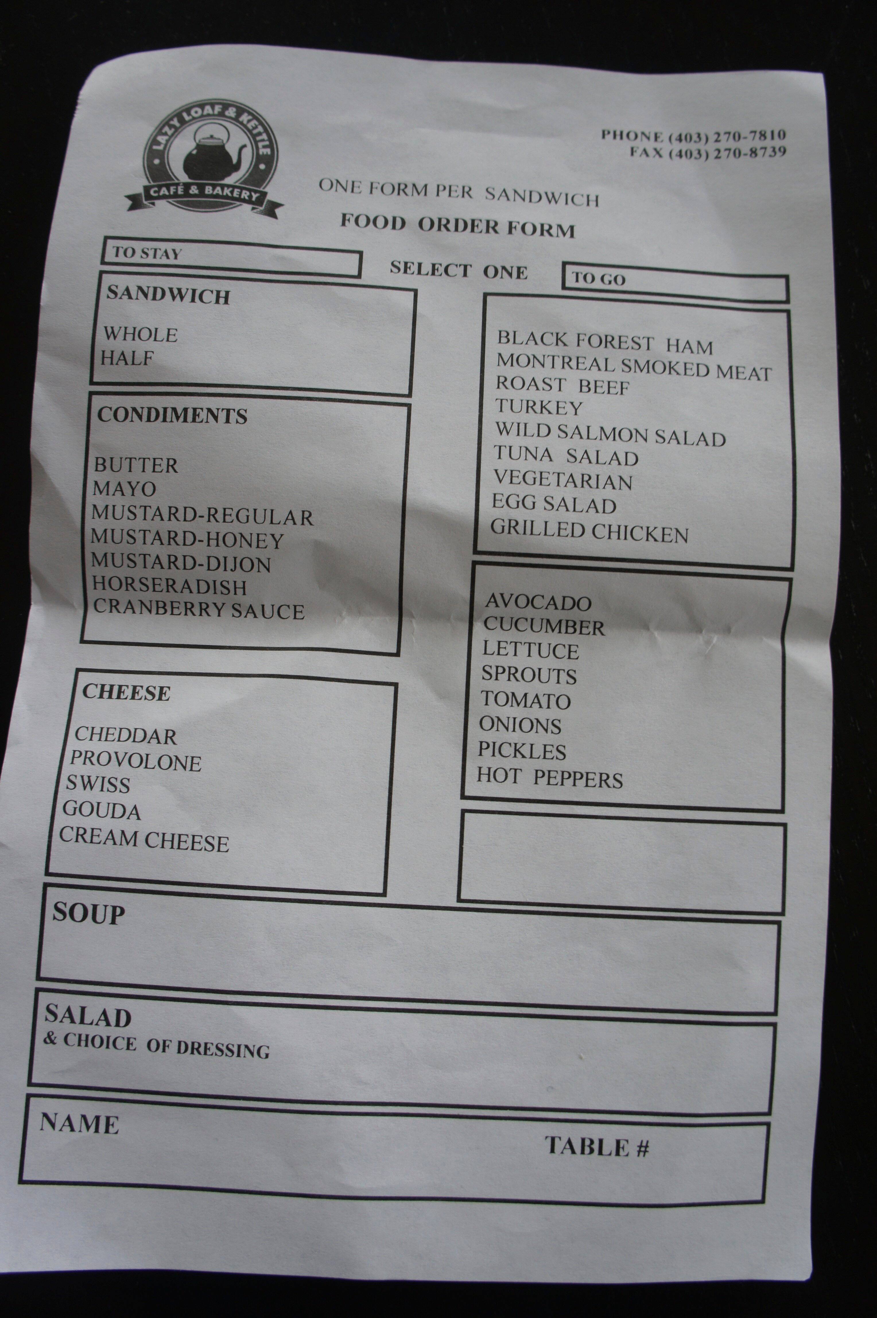 Menu at Lazy Loaf & Kettle cafe, Calgary