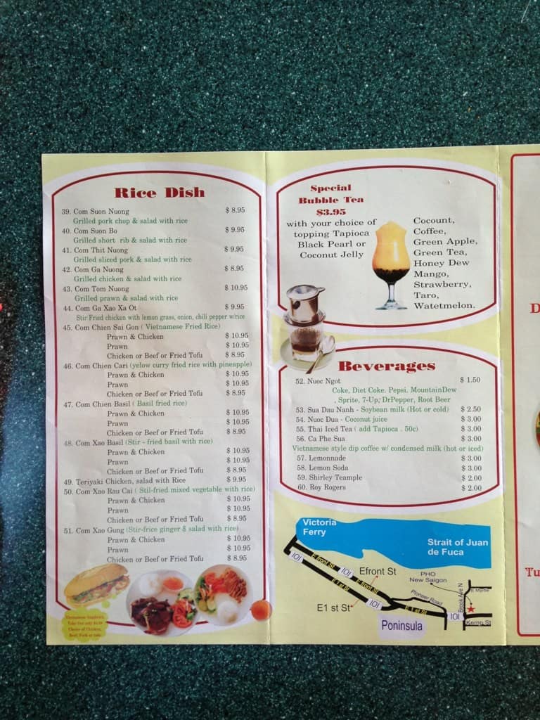 Menu at Pho New Saigon restaurant, Port Angeles, E Highway 101