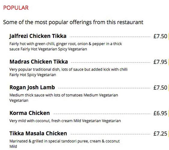 Menu at Taj Mahal restaurant, Braintree