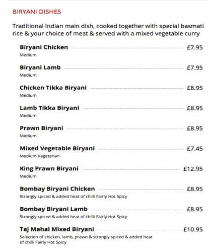 Menu at Taj Mahal restaurant, Braintree