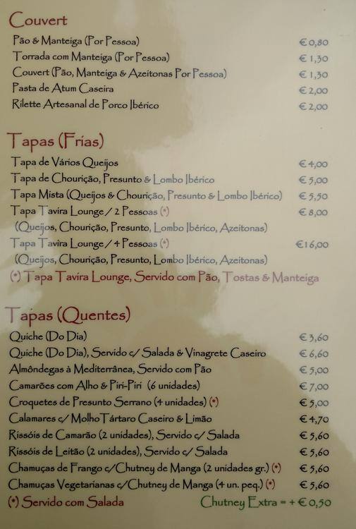 Menu em Tavira café, Tavira