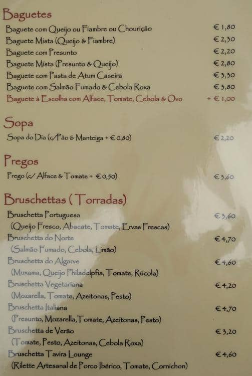 Menu em Tavira café, Tavira
