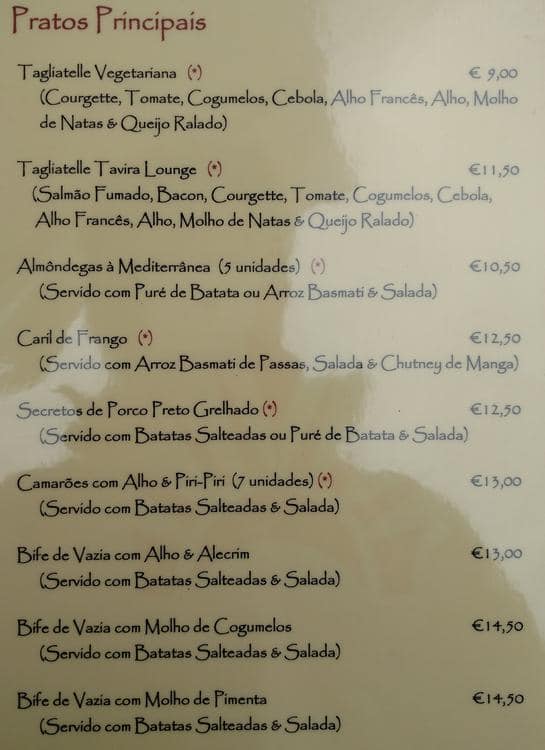 Menu em Tavira café, Tavira