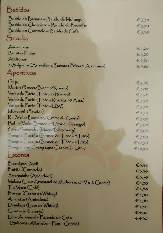 Menu em Tavira café, Tavira