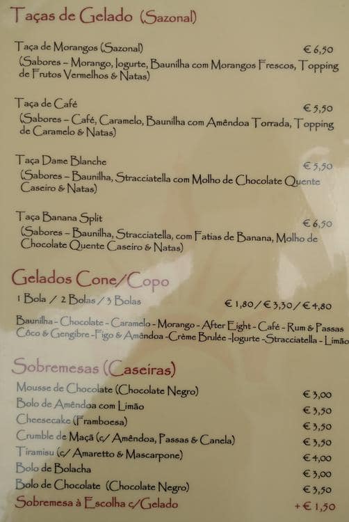 Menu em Tavira café, Tavira