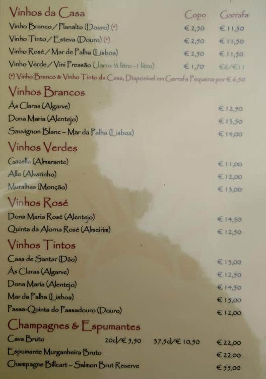 Menu em Tavira café, Tavira