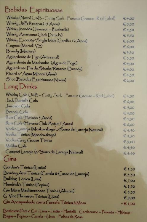 Menu em Tavira café, Tavira