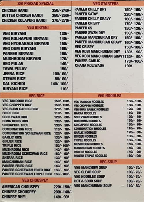 Menu of Sai Prasad Family Restaurant, Ghansoli, Navi Mumbai