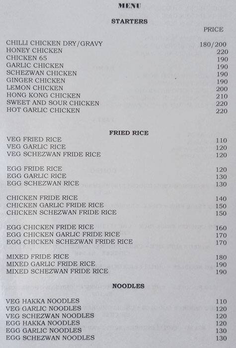 Menu of The Chinese Chapter, Picnic Garden, Kolkata