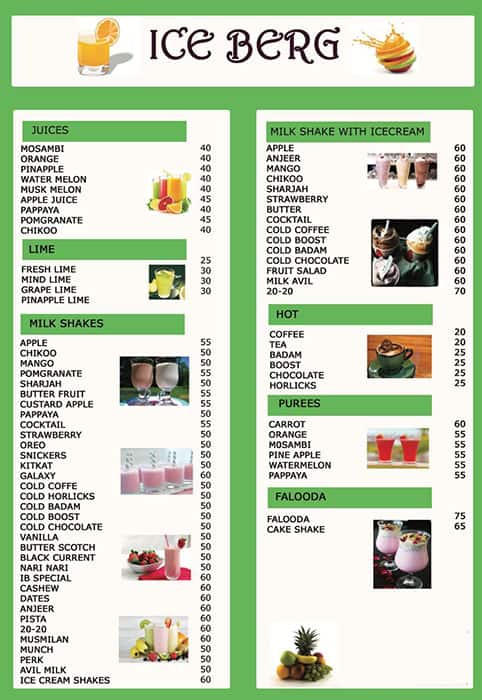 Menu at Ice Berg, Bengaluru, Bhattarahalli