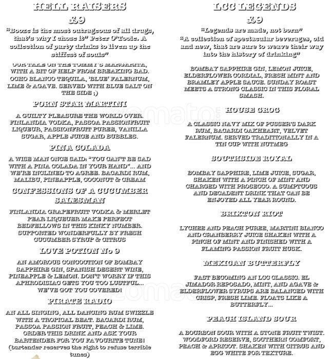 Menu at London Cocktail Club, London, 108 Essex Road