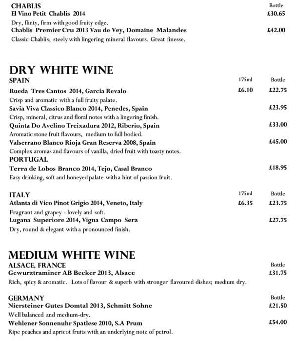 Menu at El Vino Fleet Street pub & bar, London, 47 Fleet St