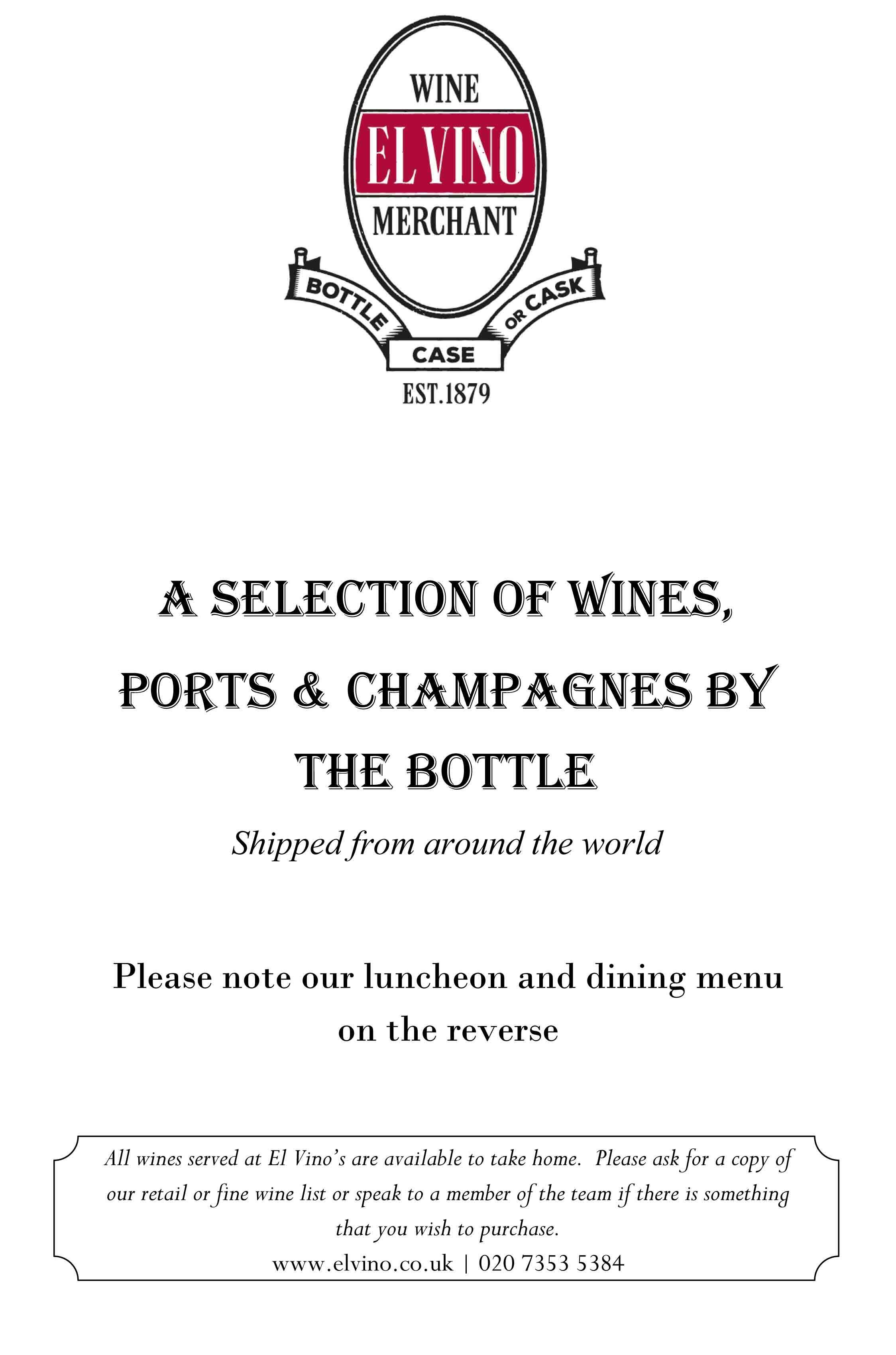 Menu at El Vino Fleet Street pub & bar, London, 47 Fleet St