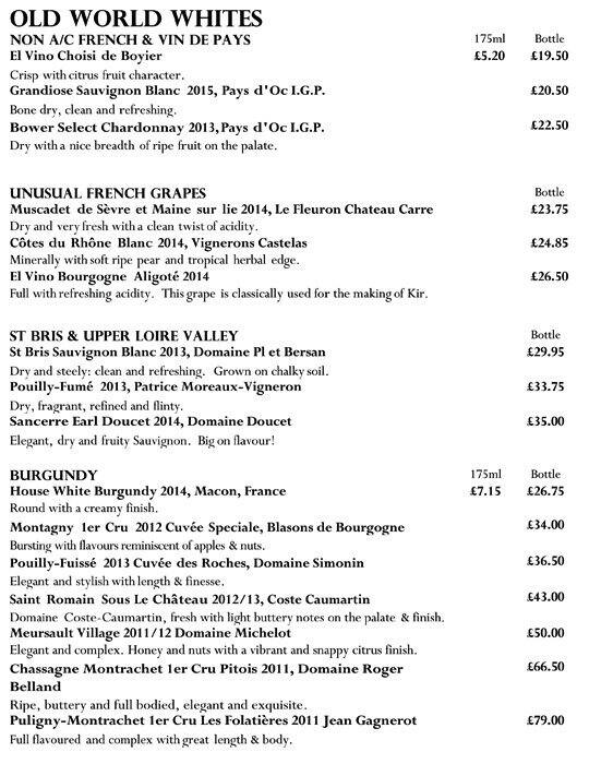 Menu at El Vino Fleet Street pub & bar, London, 47 Fleet St