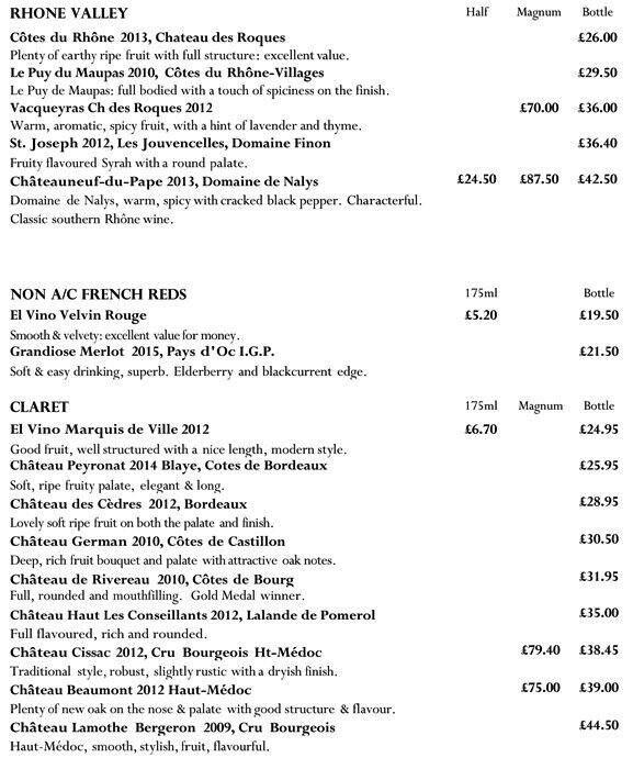 Menu at El Vino Fleet Street pub & bar, London, 47 Fleet St