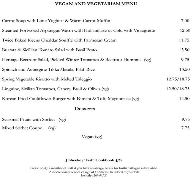 Menu at J Sheekey restaurant, London